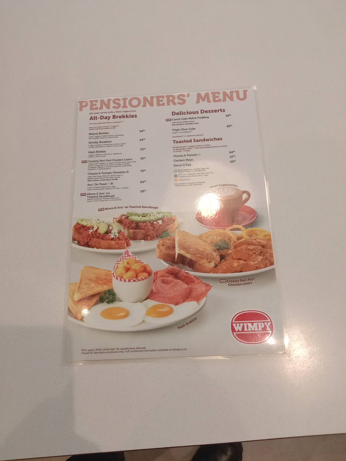 Menu at Wimpy restaurant, Sasolburg, Shop 10A