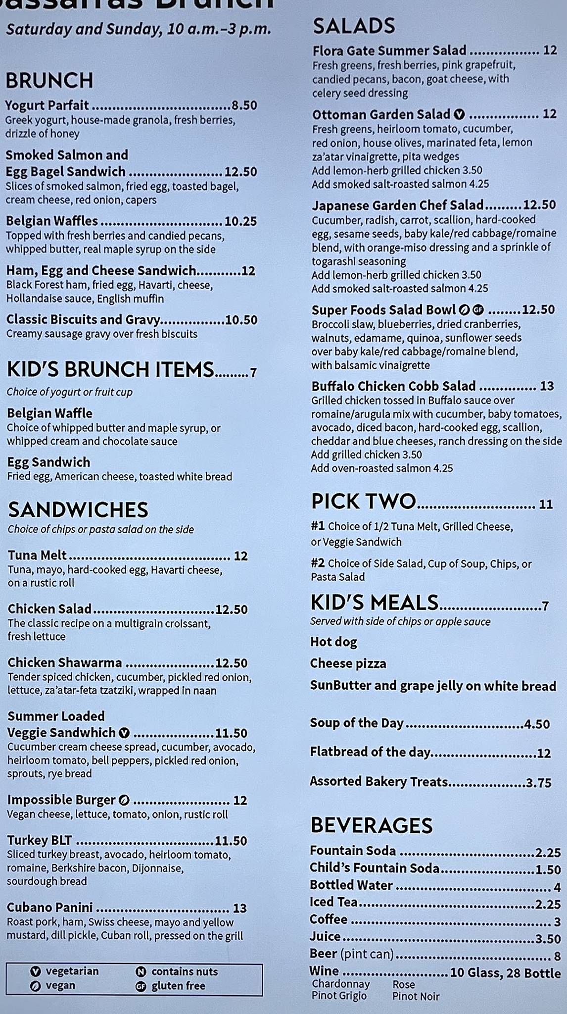 Menu at Sassafras restaurant, St. Louis
