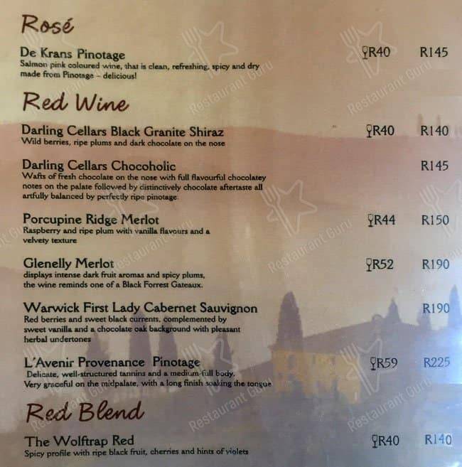 Menu at Satori Kalk Bay restaurant, Cape Town