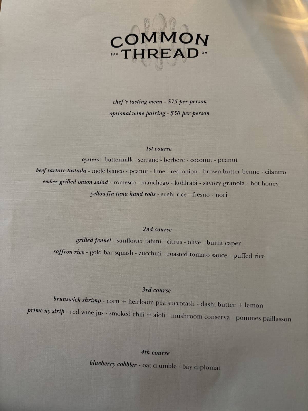 Carta del restaurante Common Thread, Savannah
