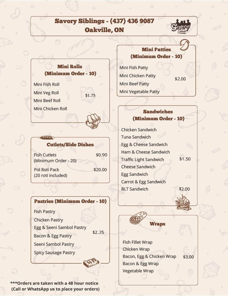 Menu at Savory Siblings, Oakville
