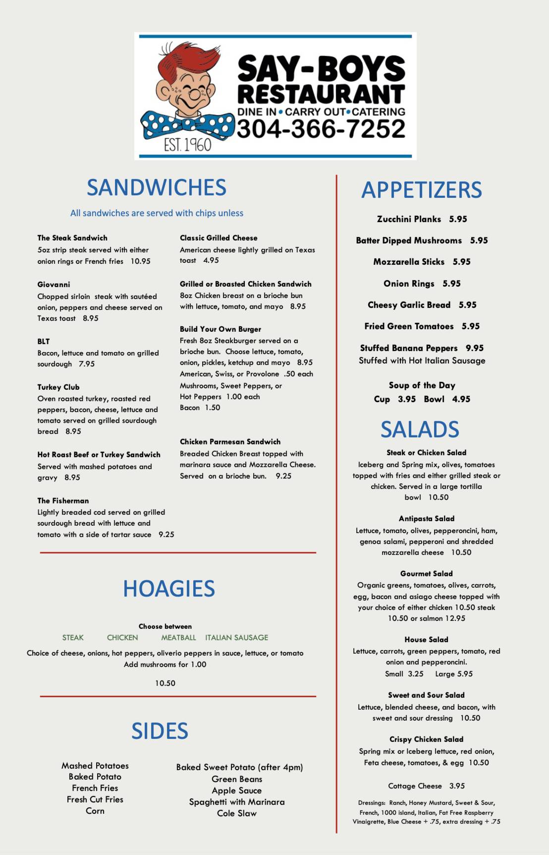 Menu at Say-Boy Restaurant, Fairmont