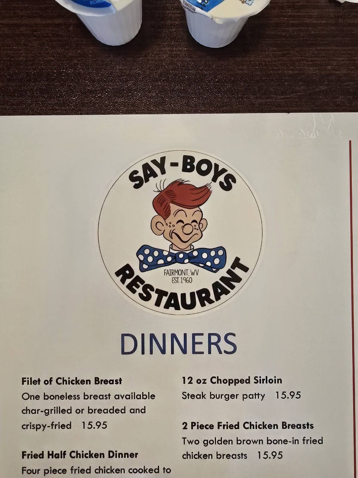 Menu at Say-Boy Restaurant, Fairmont