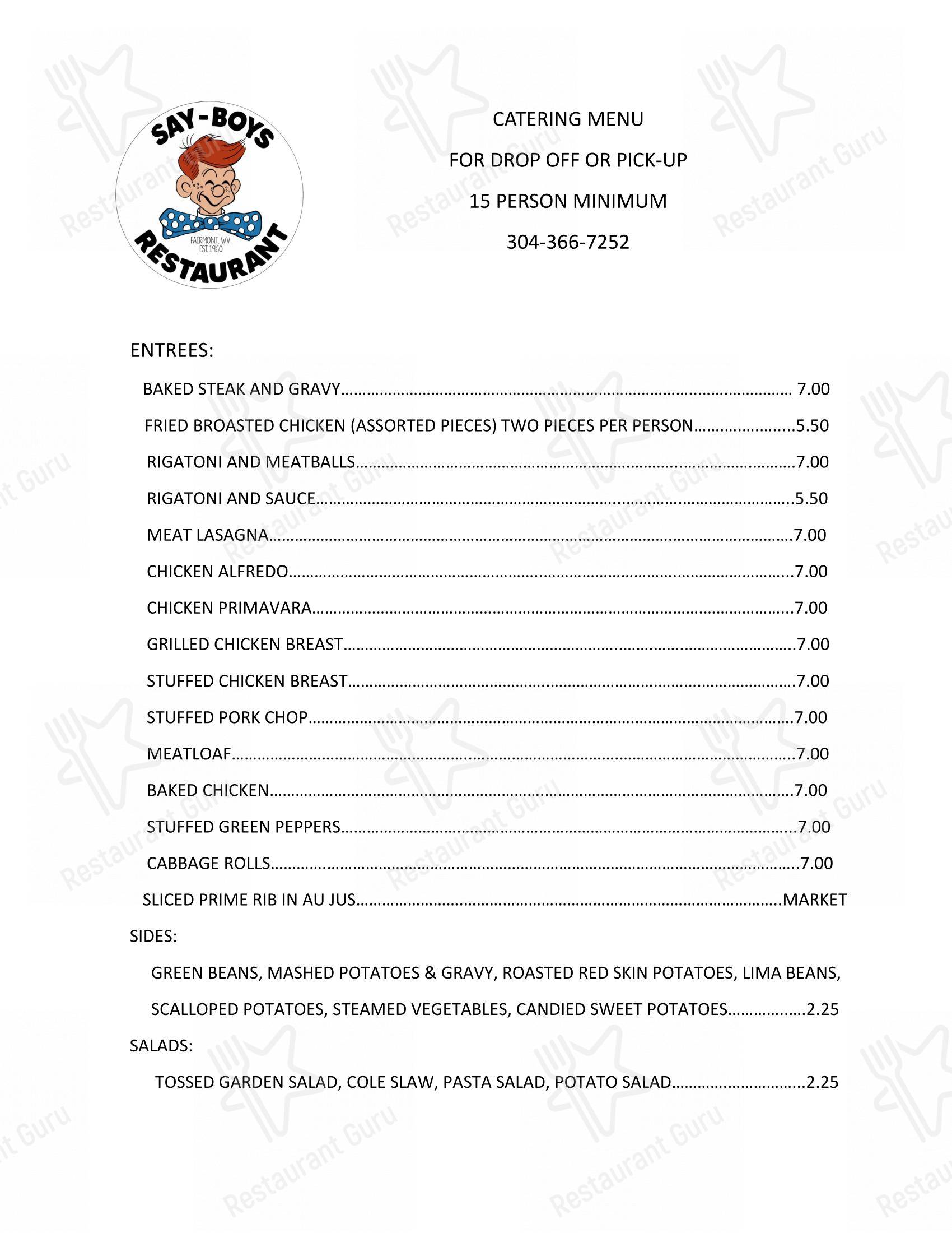 Menu at Say-Boy Restaurant, Fairmont