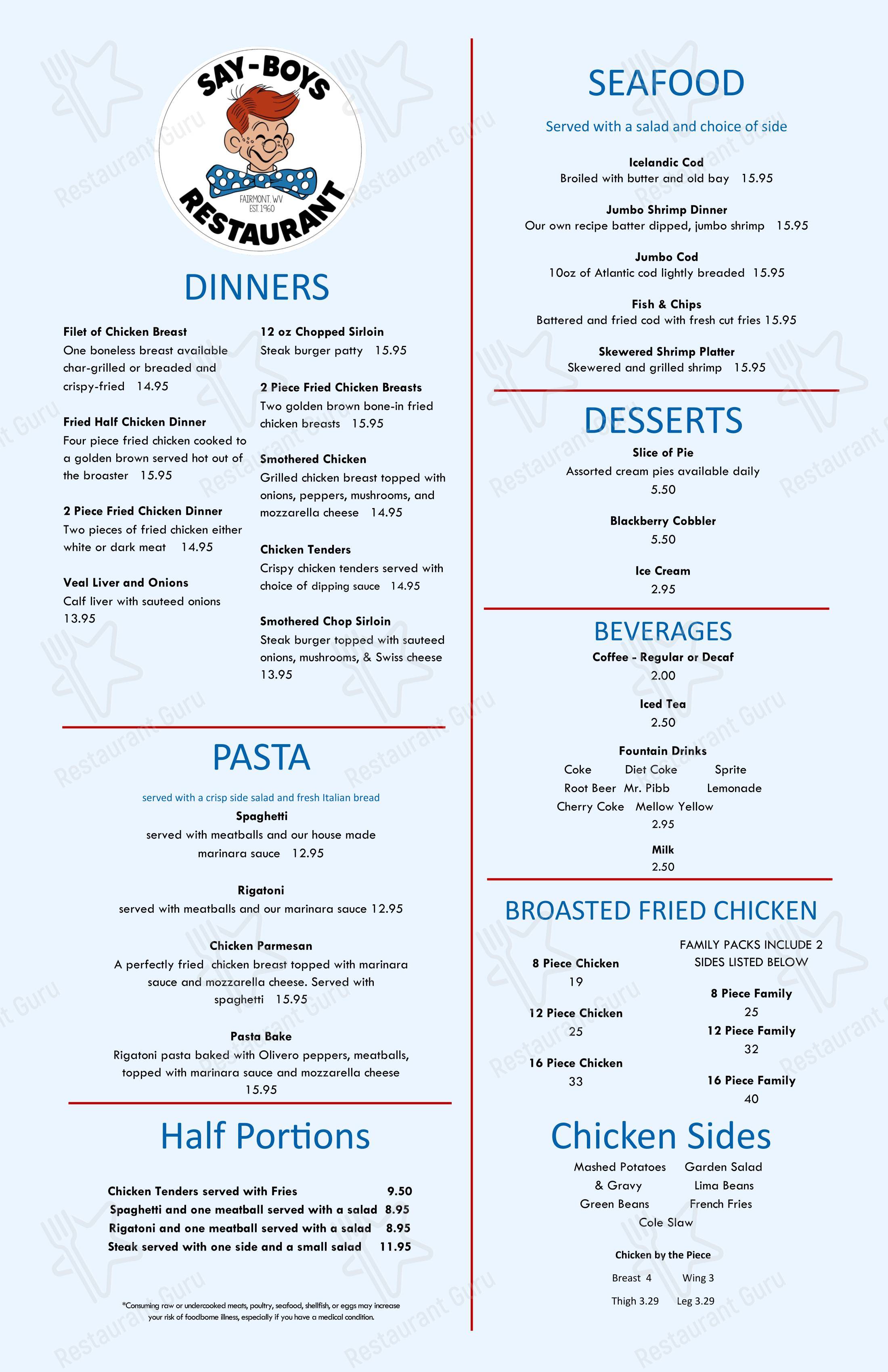 Menu at Say-Boy Restaurant, Fairmont