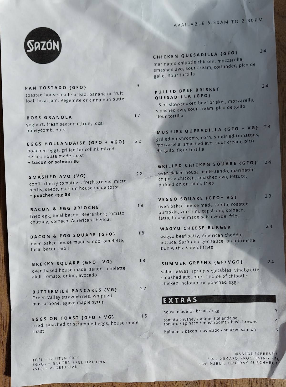 Menu at Sazón Espresso restaurant, Mount Barker