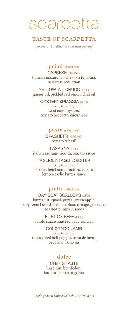 Menu at Scarpetta restaurant, Las Vegas, 3708 Las Vegas Blvd S Level 3