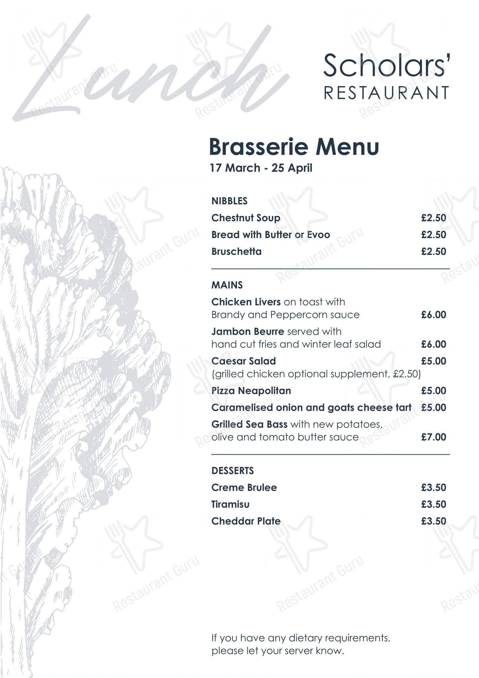 Menu at Scholars' restaurant, Glasgow