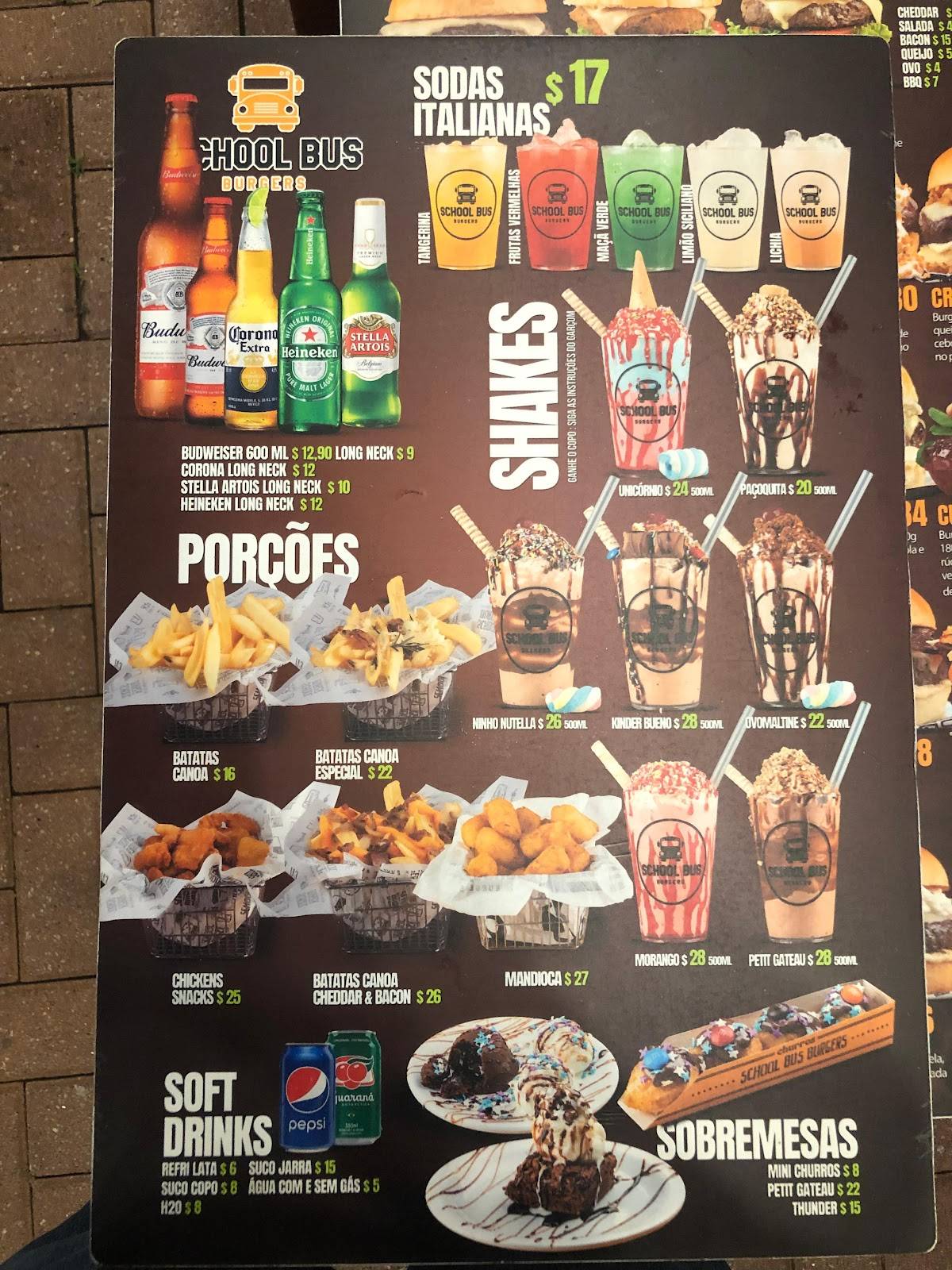 Menu em School Bus Burger restaurante, Piracicaba