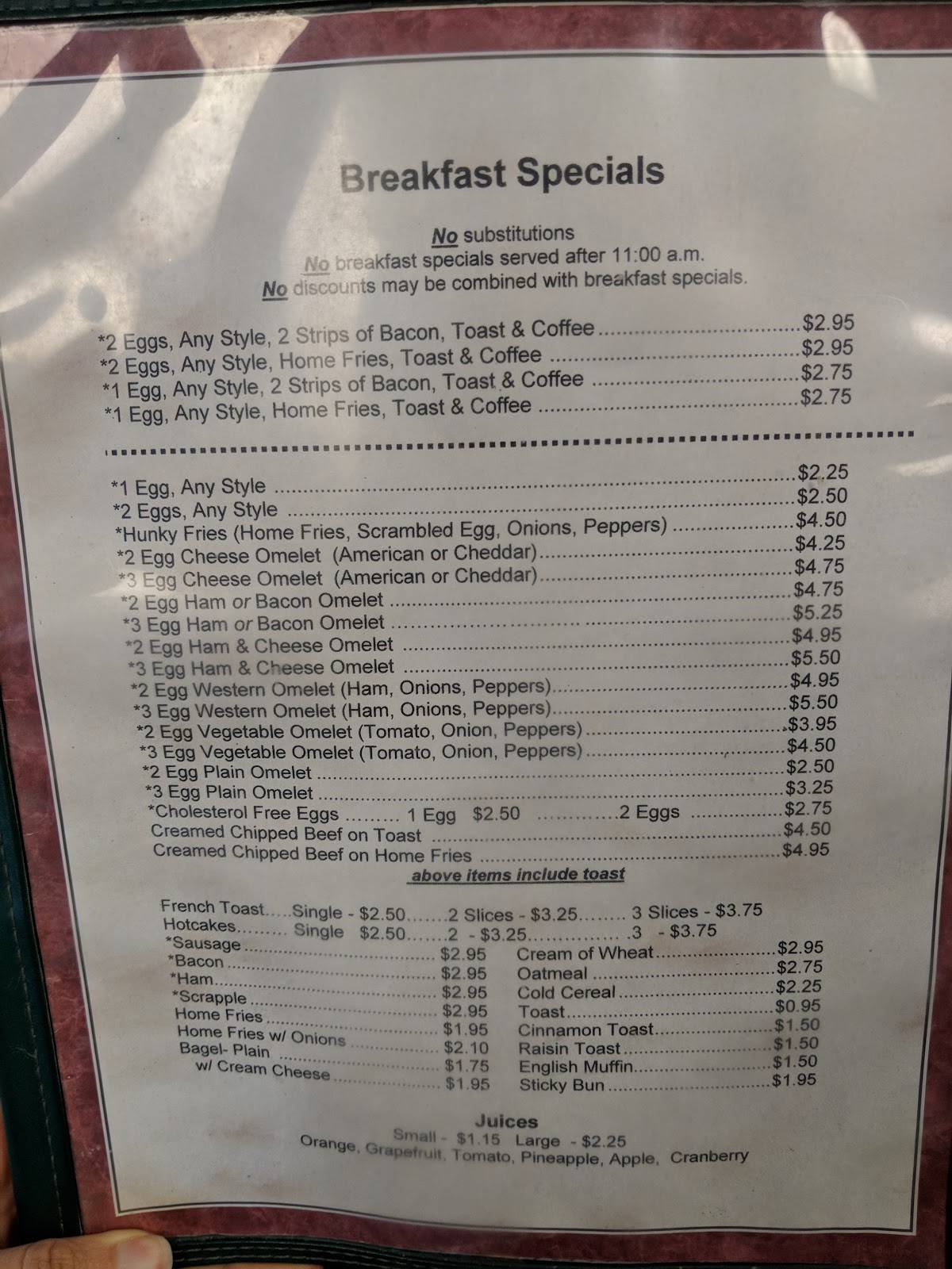 Menu at Schwalm's Cleona Restaurant, Cleona