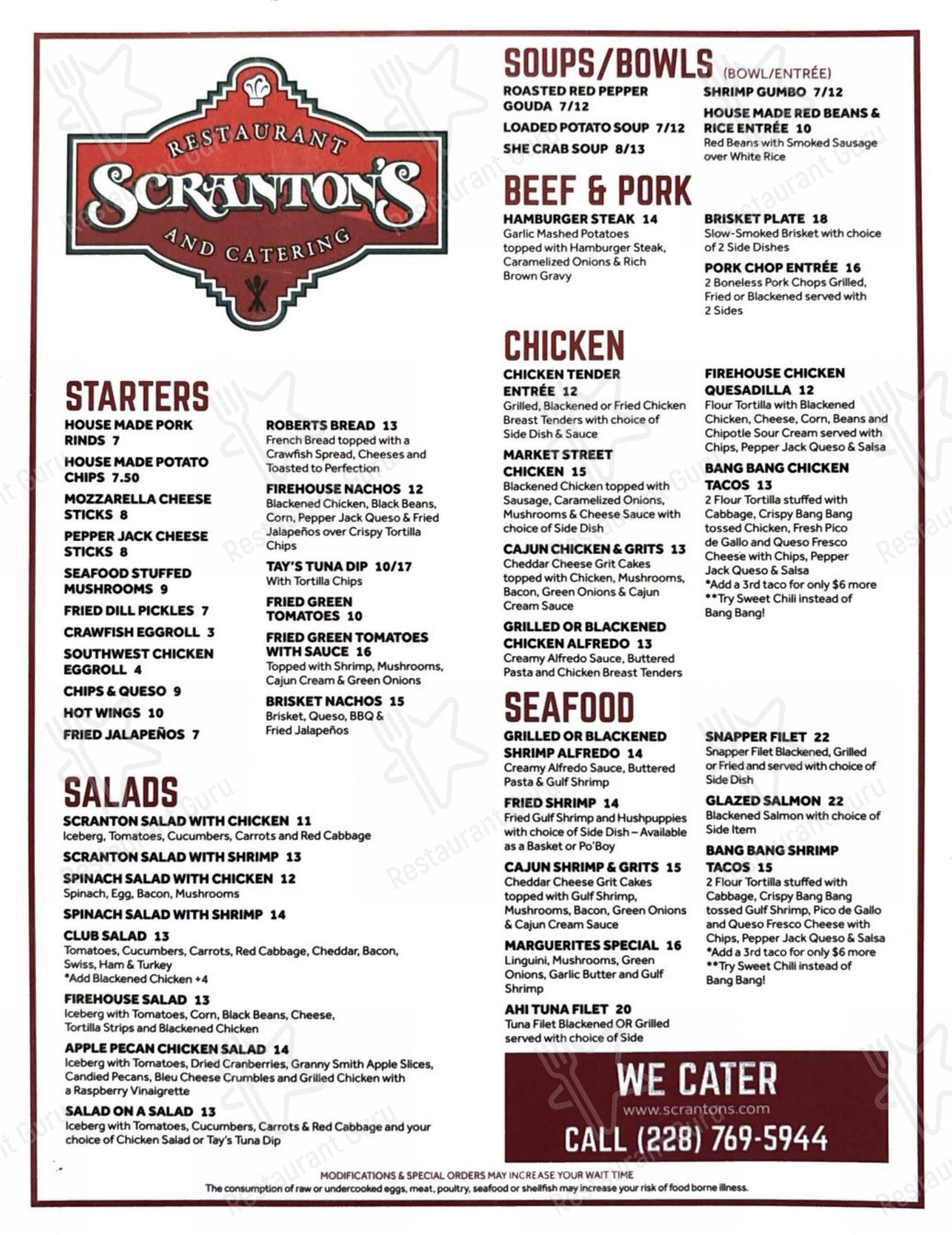 Menu at Scranton's Restaurant & Catering, Pascagoula