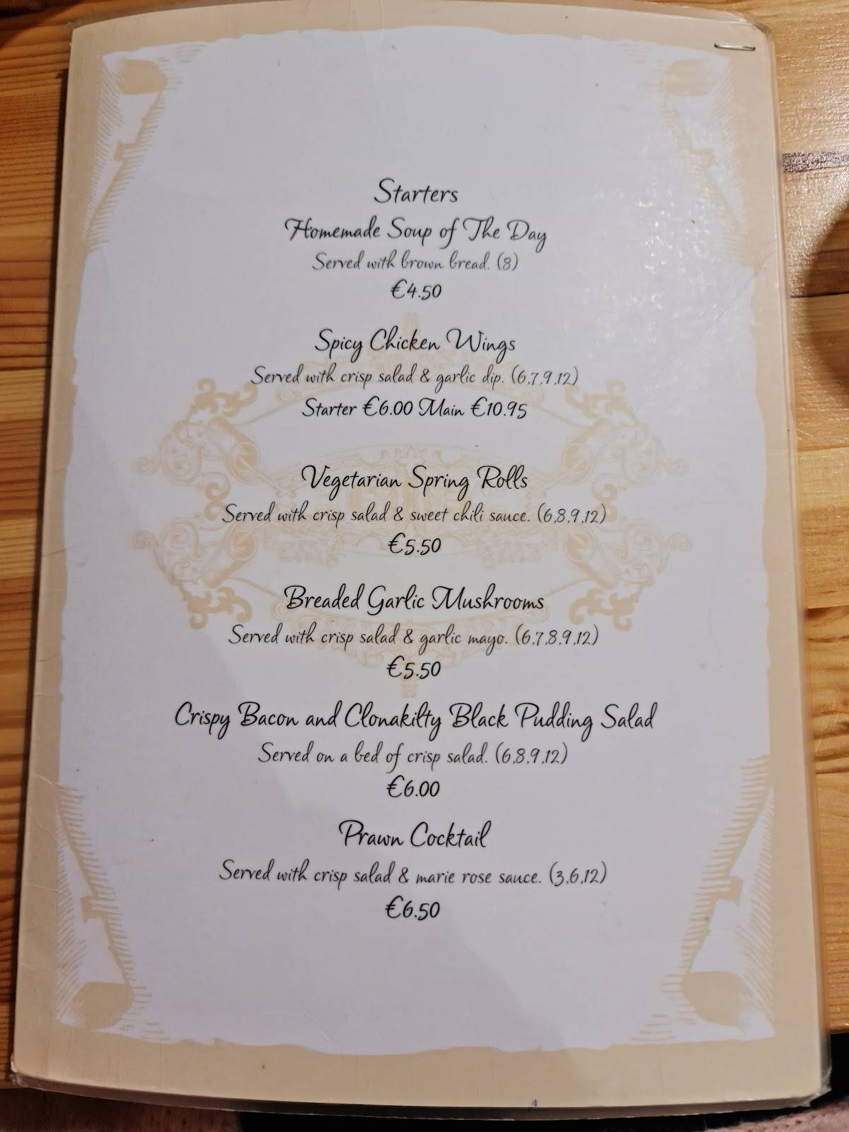Menu at Screenes Bar and Lounge, Ireland