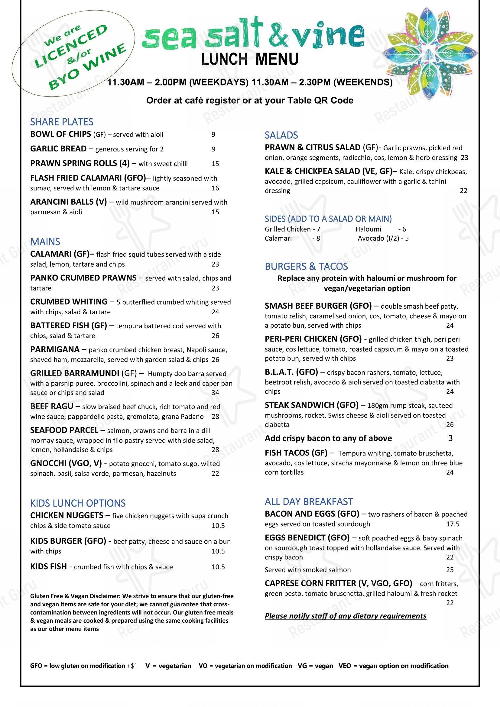 Menu at Sea Salt and Vine cafe, Scarborough