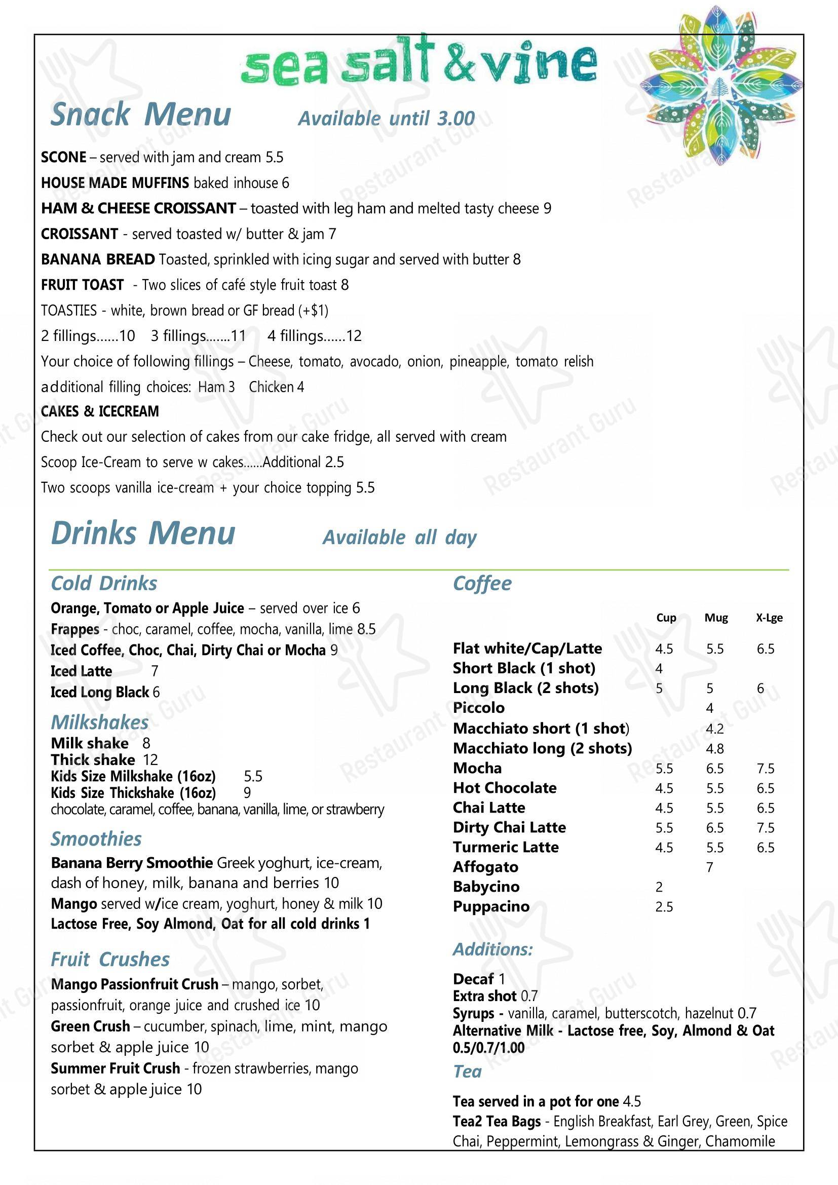 Menu at Sea Salt and Vine cafe, Scarborough