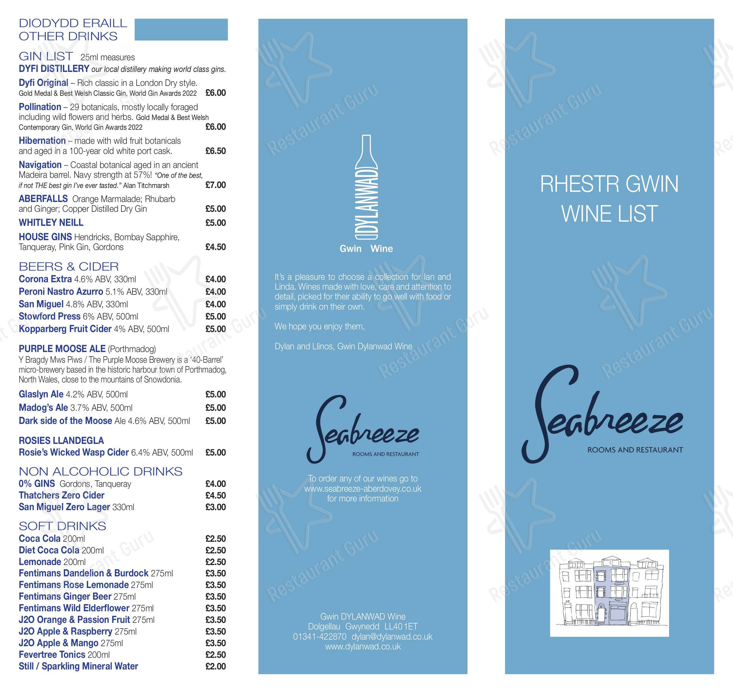 Menu at Seabreeze restaurant, Aberdyfi