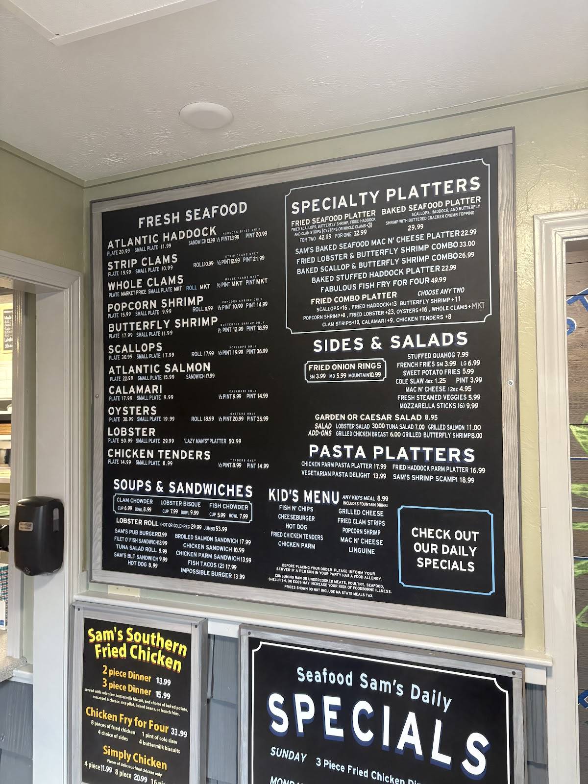 Menu at Seafood Sam's restaurant, Falmouth