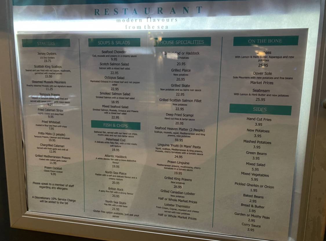 Menu at Seafresh restaurant, London, 80-81 Wilton Rd