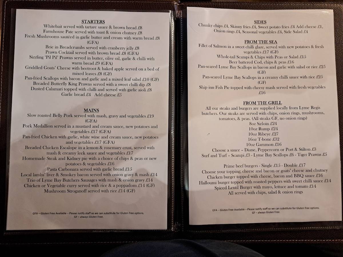Menu at The Ship Inn pub & bar, Seaton