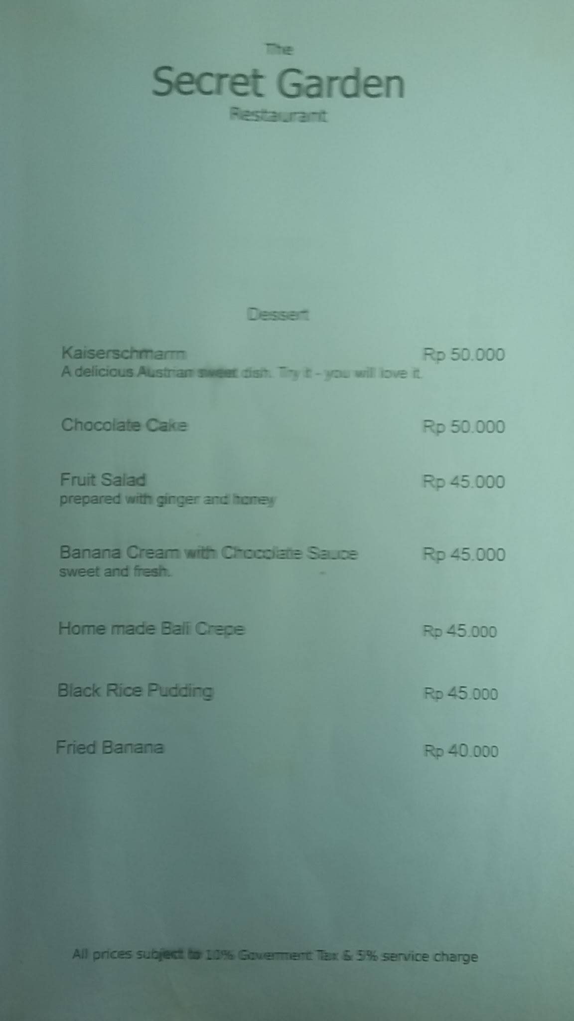 Menu at Secret Garden Restaurant, Anturan