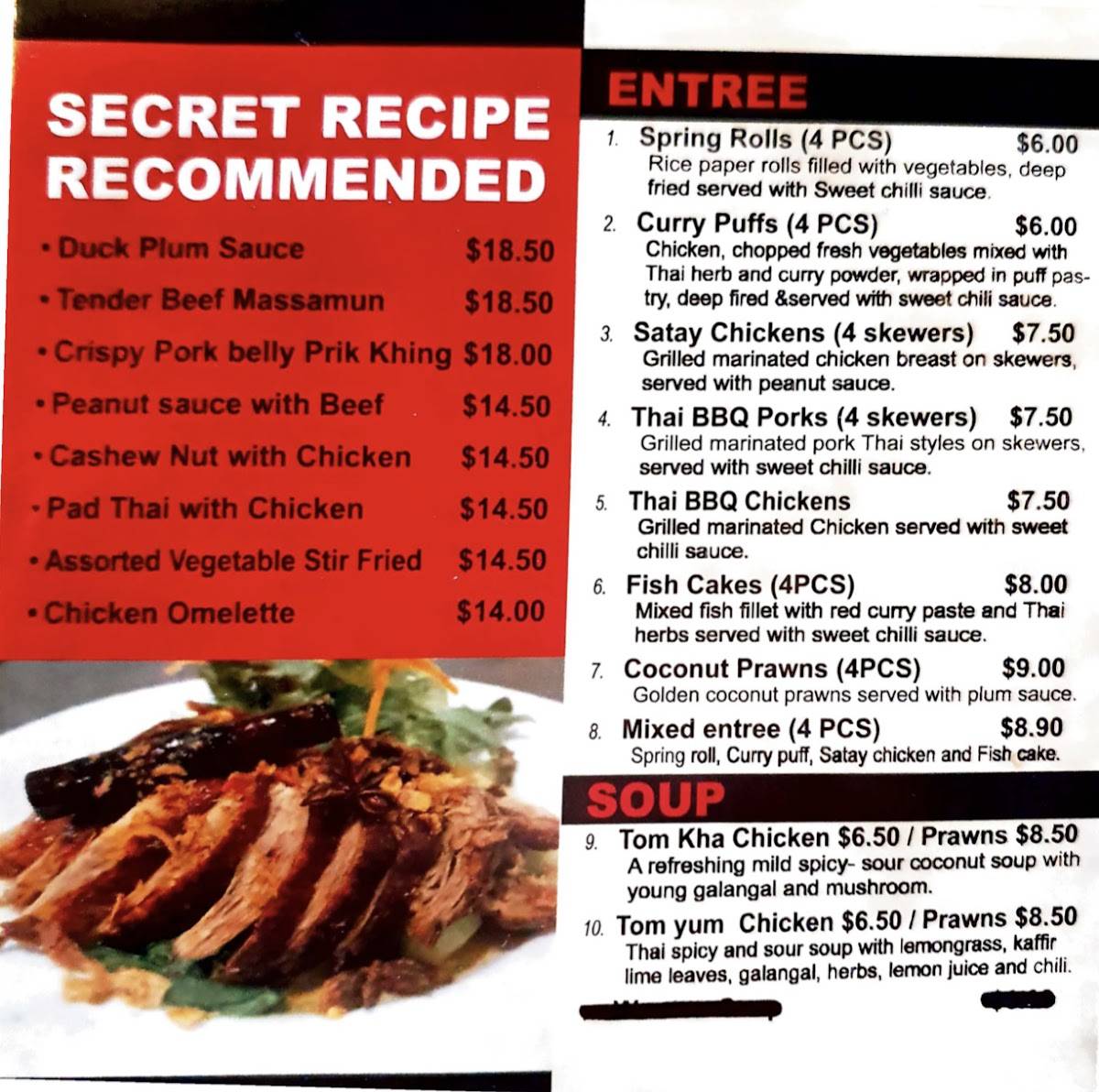 Menu at Secret Recipe Thai Restaurant, Mareeba