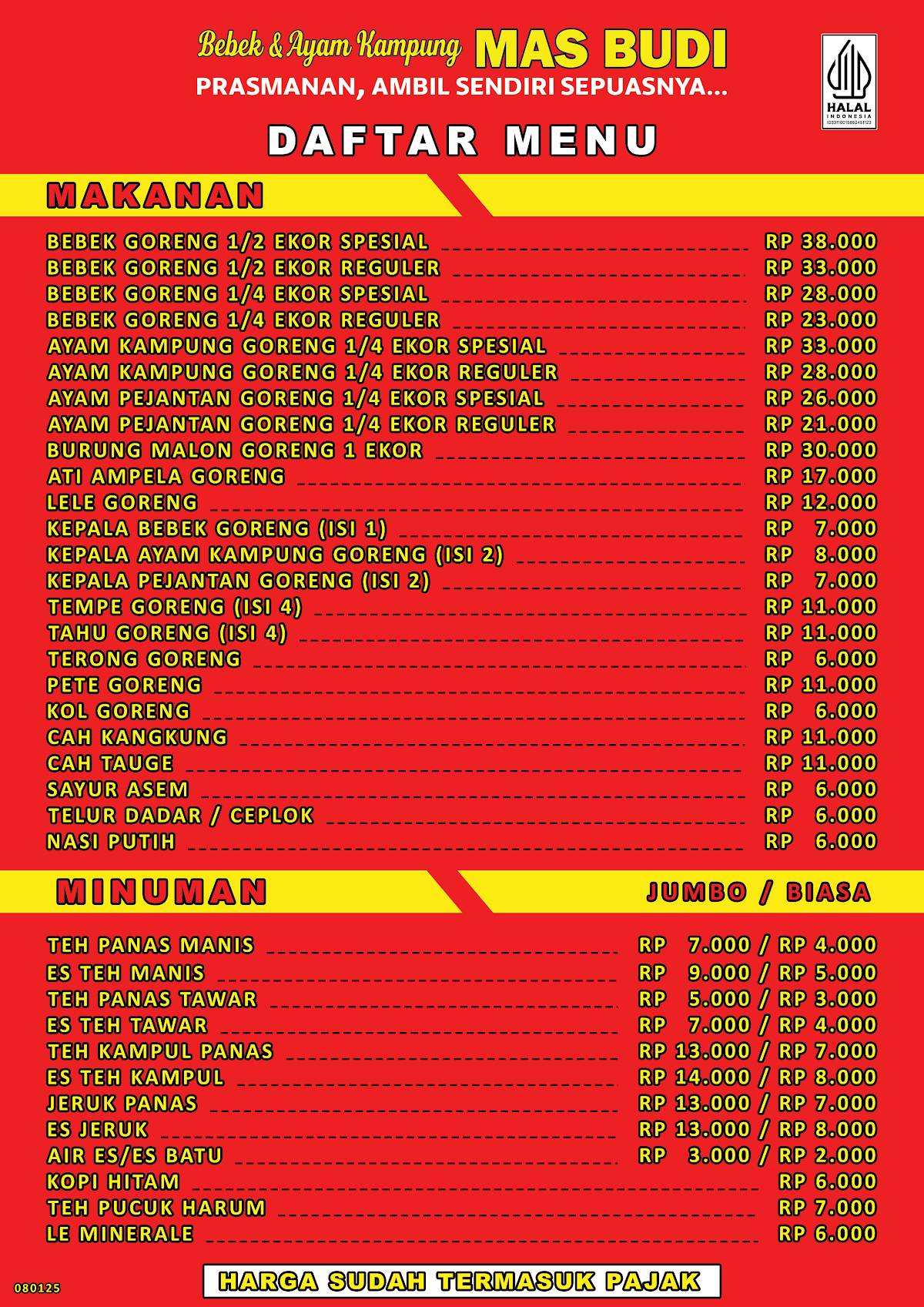 Carta del restaurante Bebek & Ayam Kampung MAS BUDI, Semarang, Jl. RA ...