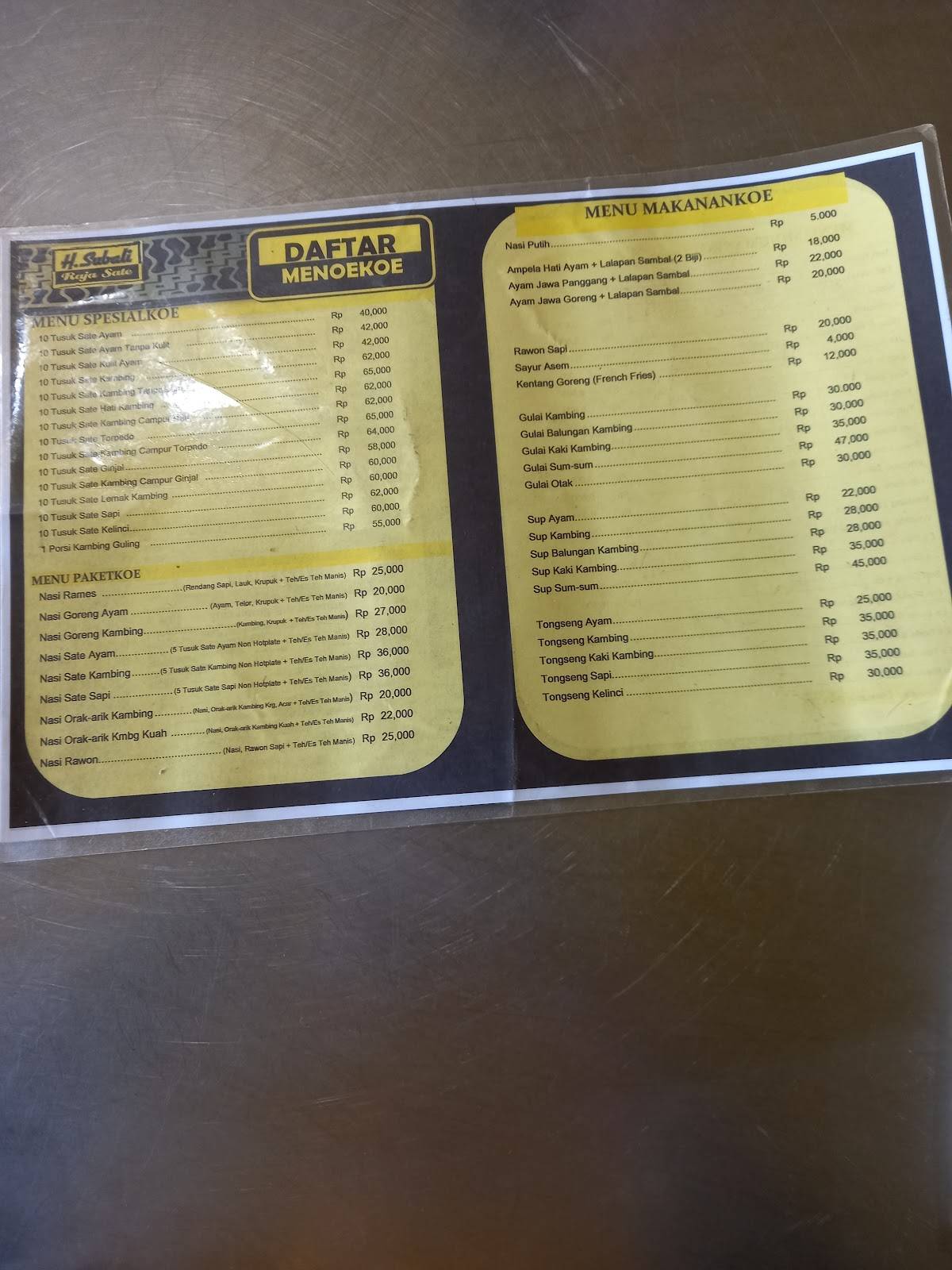 Menu at Sate Subali Batang (RM H. Subali Raja Sate) restaurant, Sengon ...