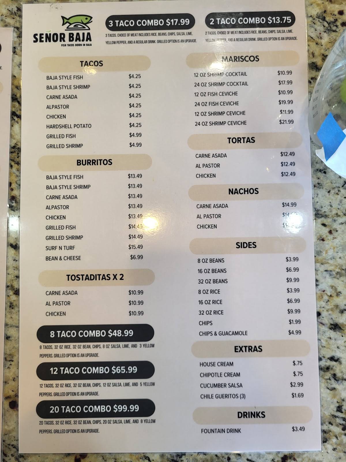 Menu at Señor Baja restaurant, Riverside