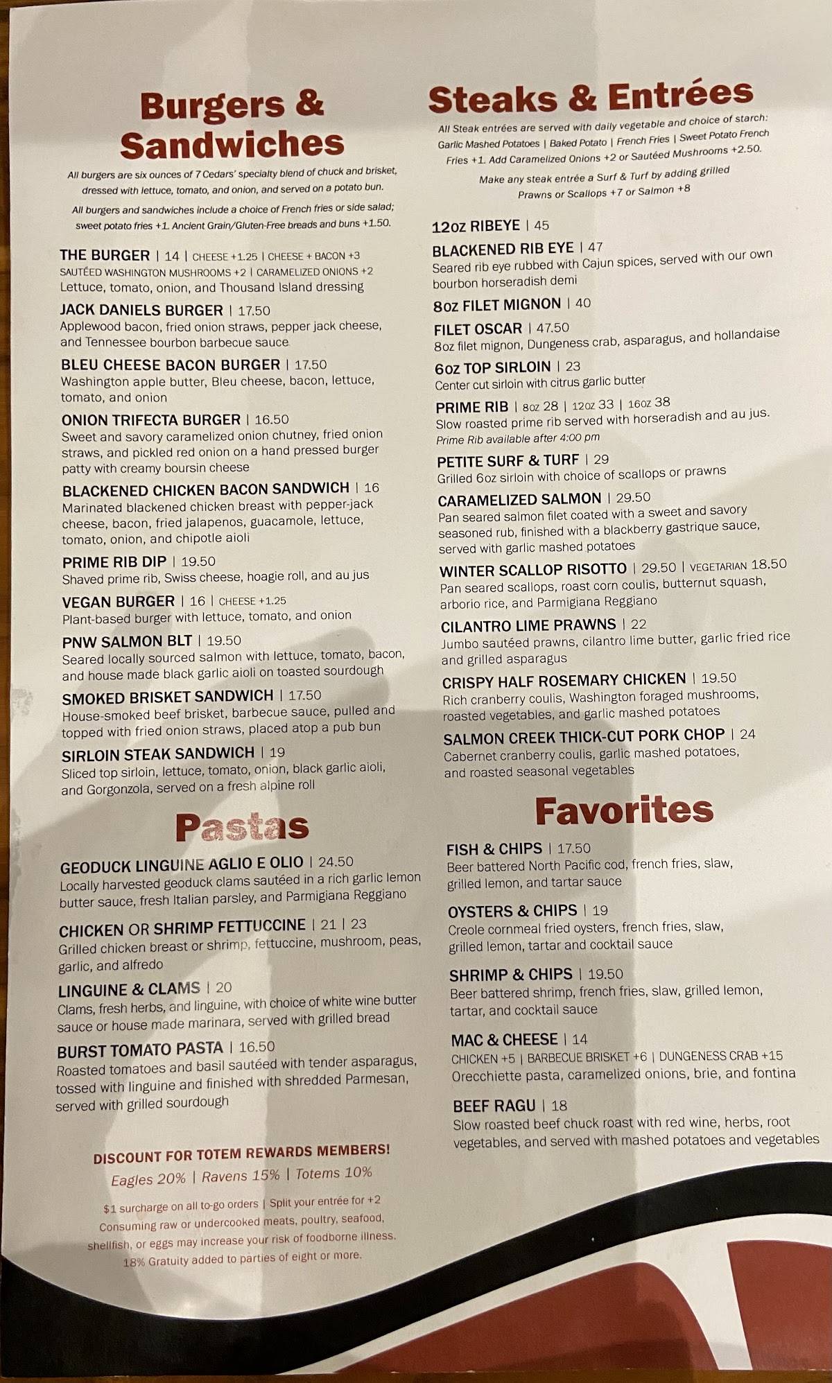 Menu at The House of Seven Brothers restaurant, Sequim