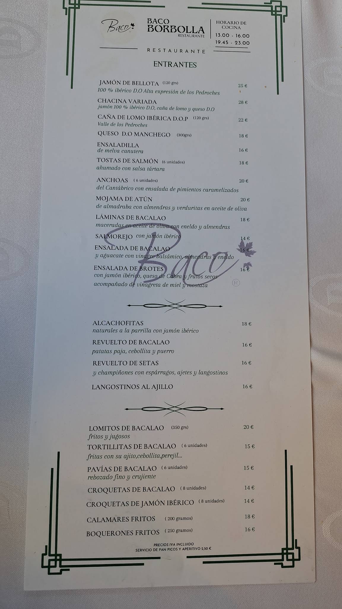 Carta del restaurante Baco Borbolla, Sevilla, Av. del la Borbolla