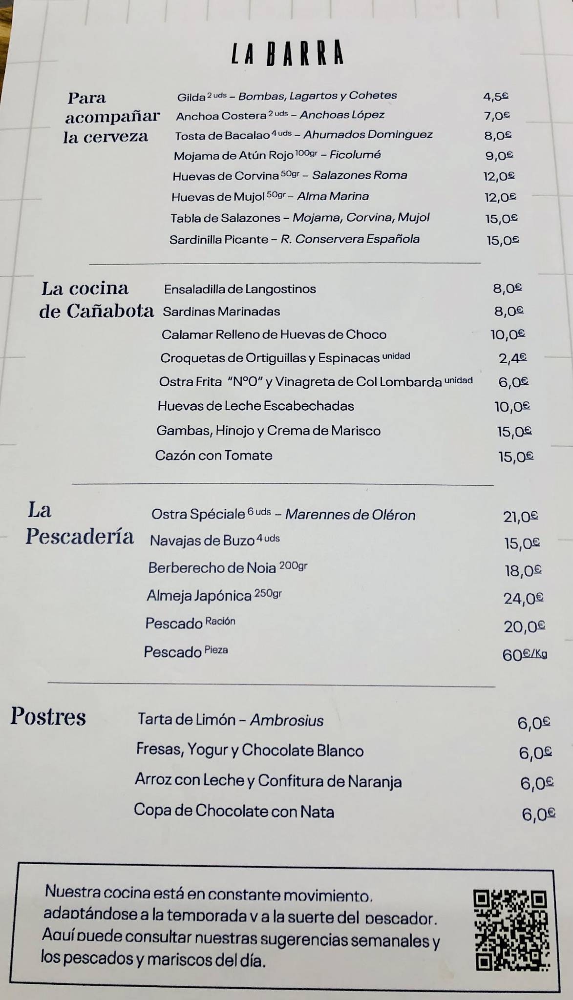 Menu at LA BARRA DE CAÑABOTA, Seville, C. Orfila