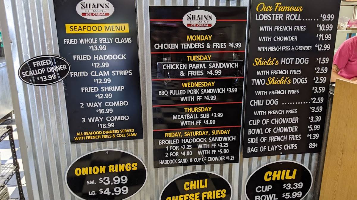 Menu at Shain's of Maine restaurant, Sanford