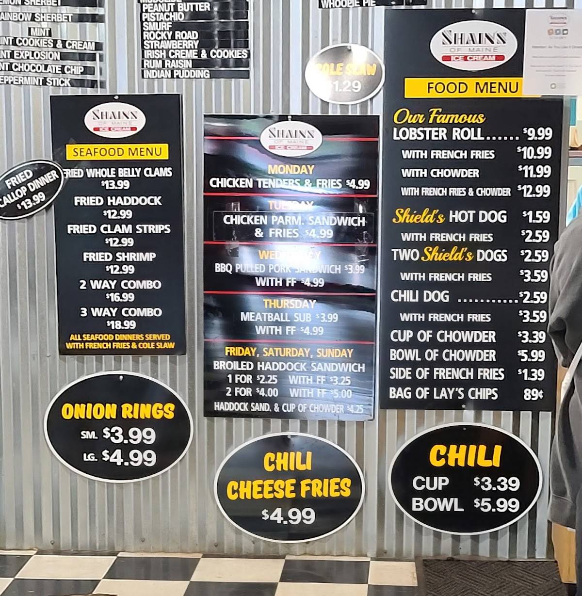 Menu at Shain's of Maine restaurant, Sanford