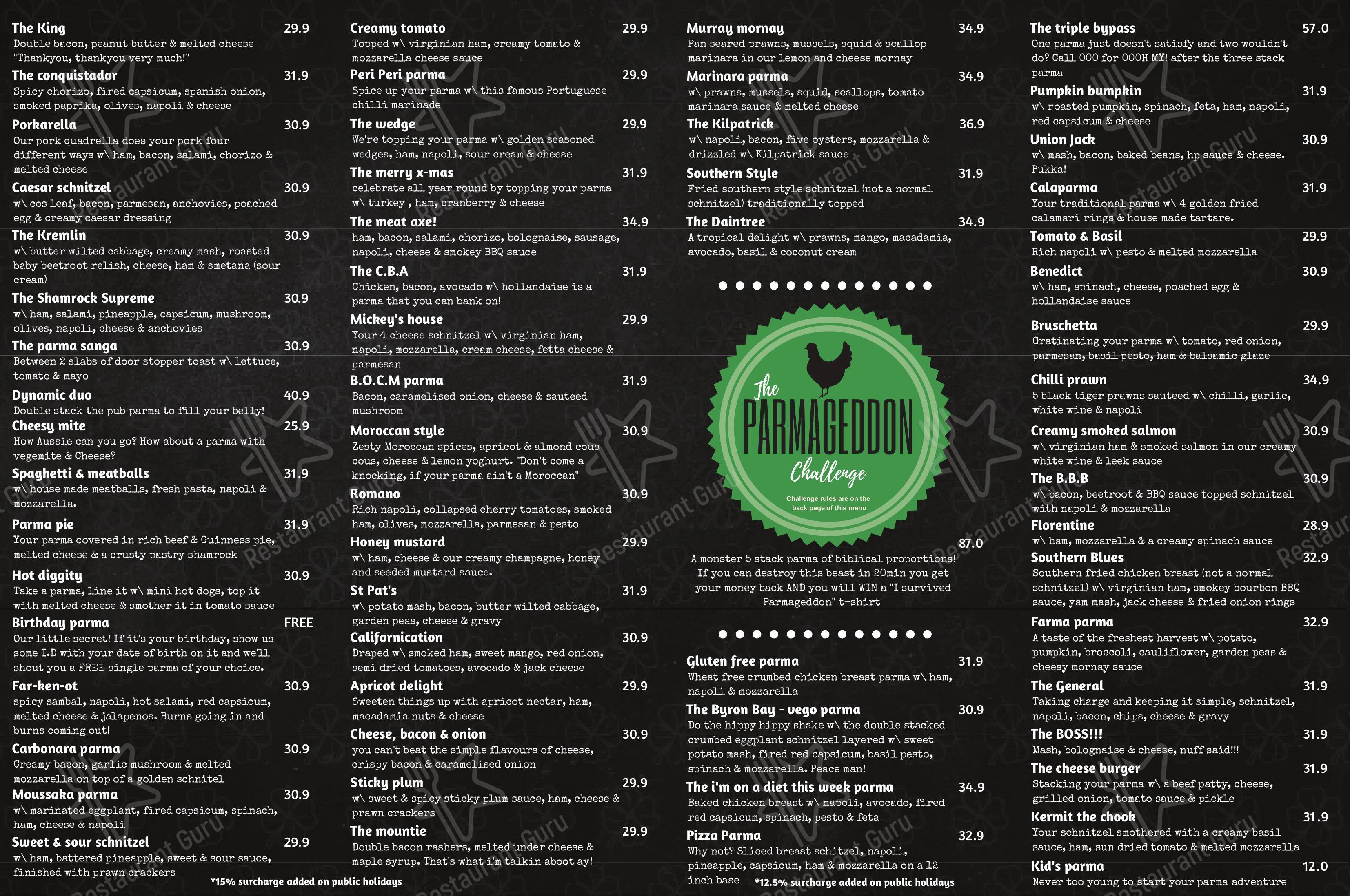 Menu at Shamrock Hotel Echuca pub & bar, Echuca