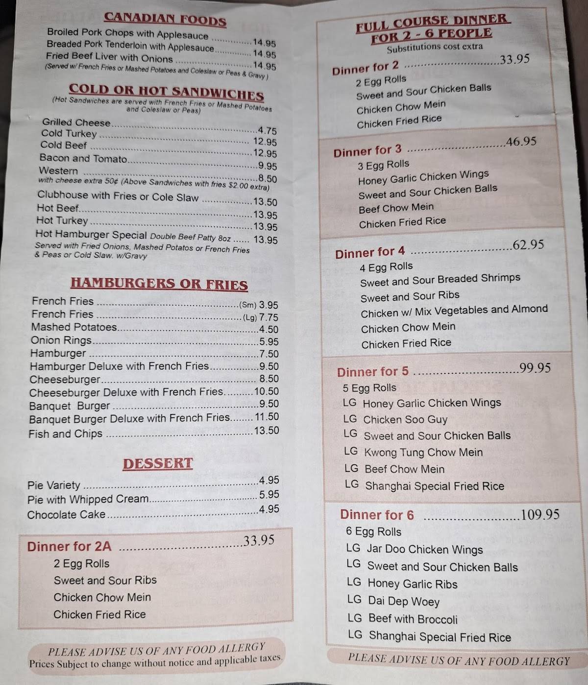 Menu at Shanghai Restaurant, Brantford
