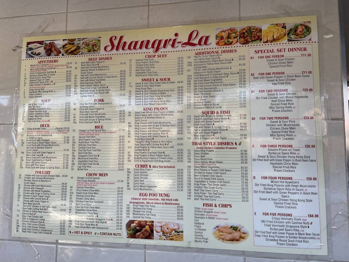 Menu at Shangri-La fast food, Chesham