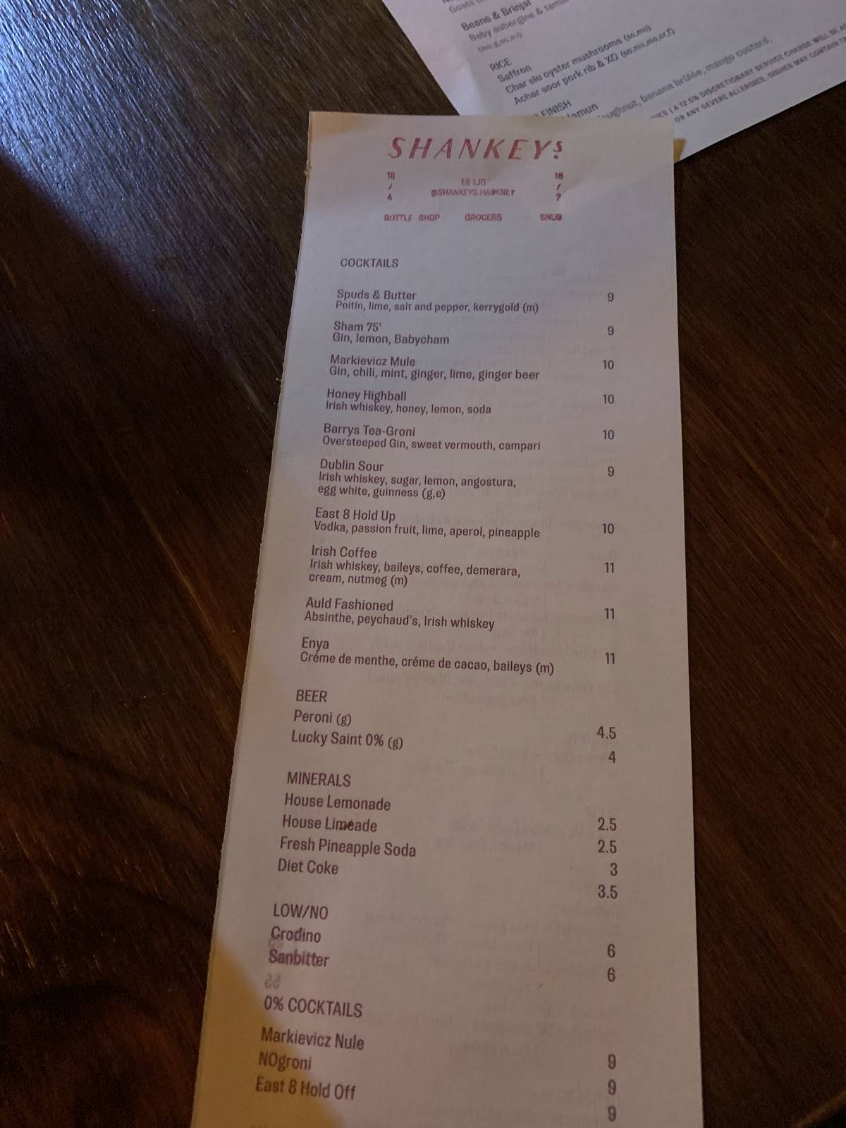Menu at Shankeys restaurant, London