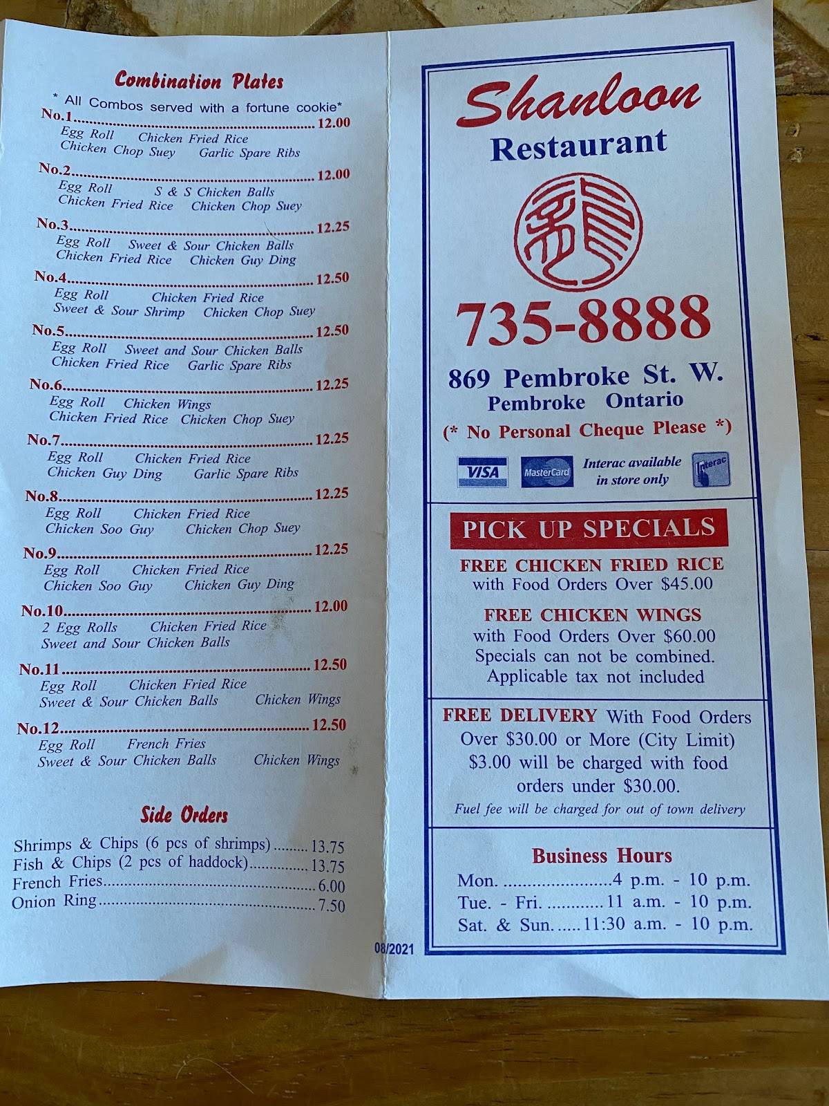 Menu at Shanloon Restaurant, Pembroke