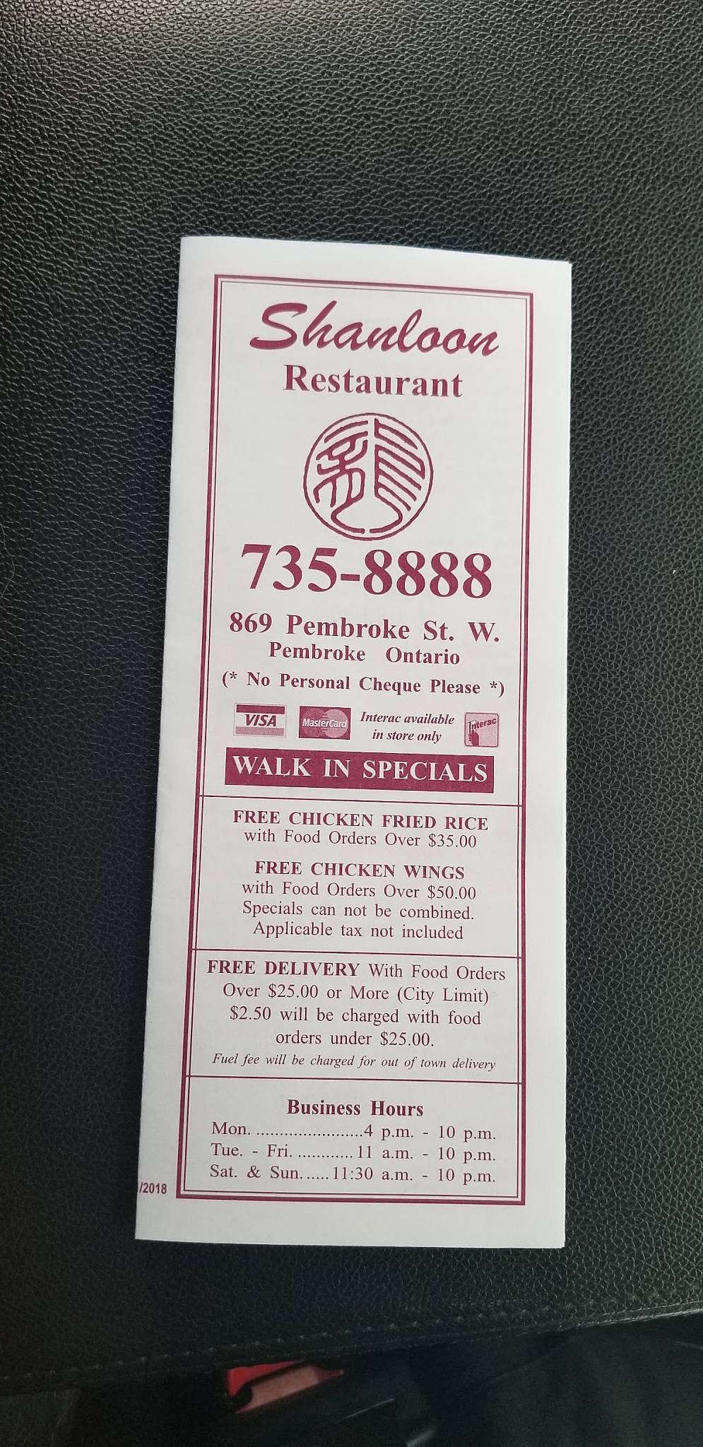 Menu at Shanloon Restaurant, Pembroke