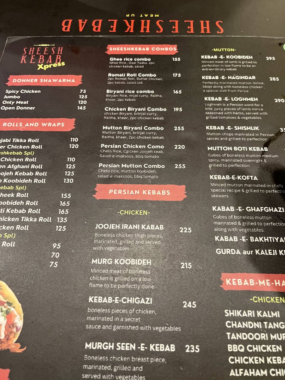 Menu at Sheesh Kabab, Bengaluru