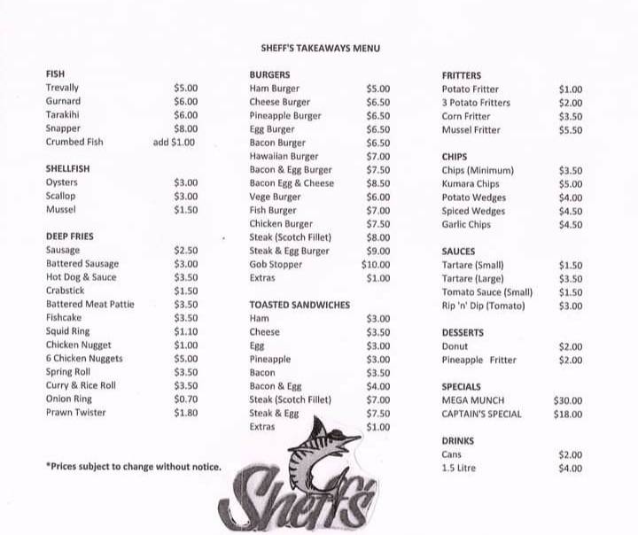 Menu at Sheff's Takeaways fast food, Hamilton