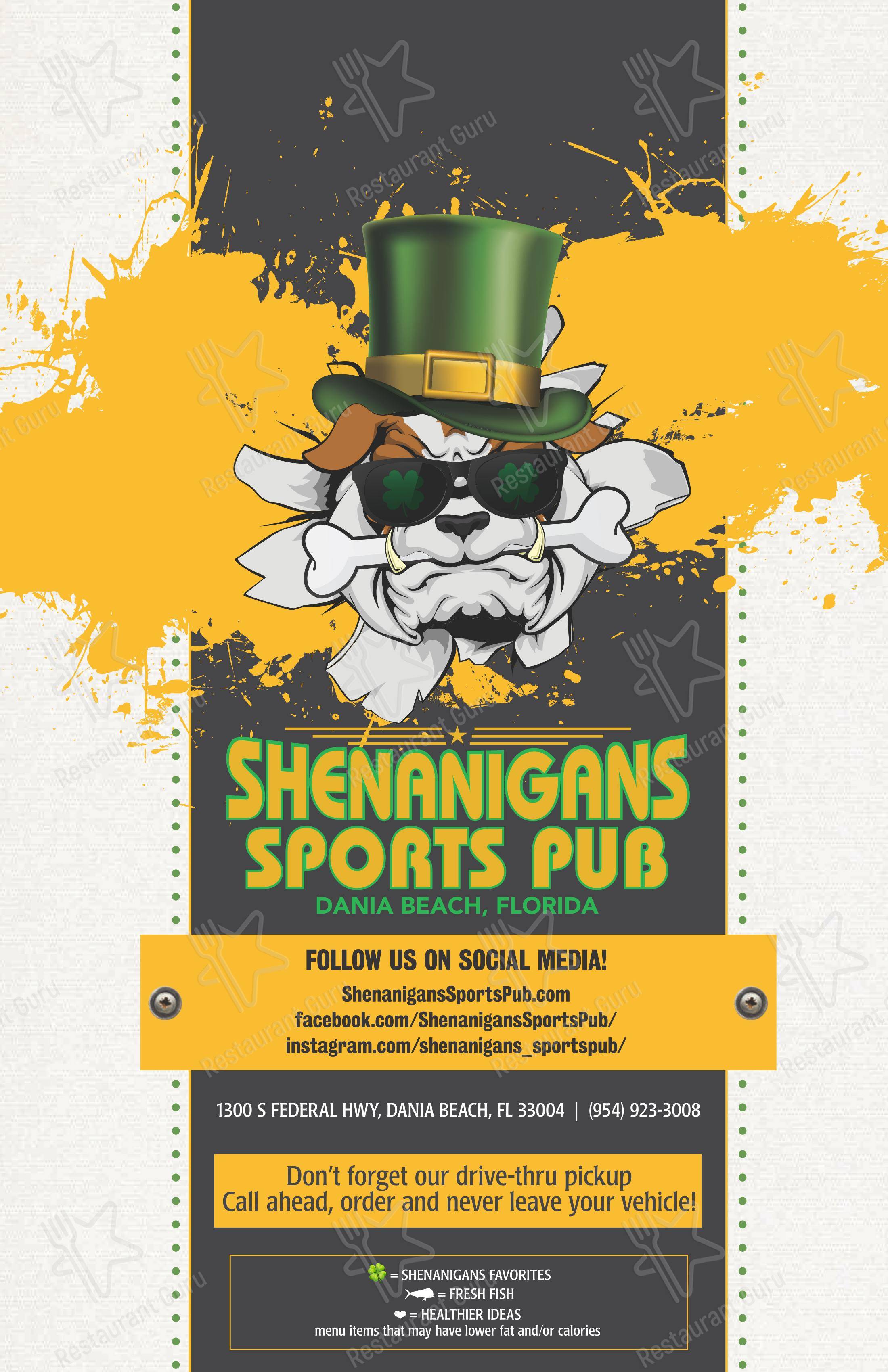 Menu at Shenanigans Sports Pub, Dania Beach, S Federal Hwy