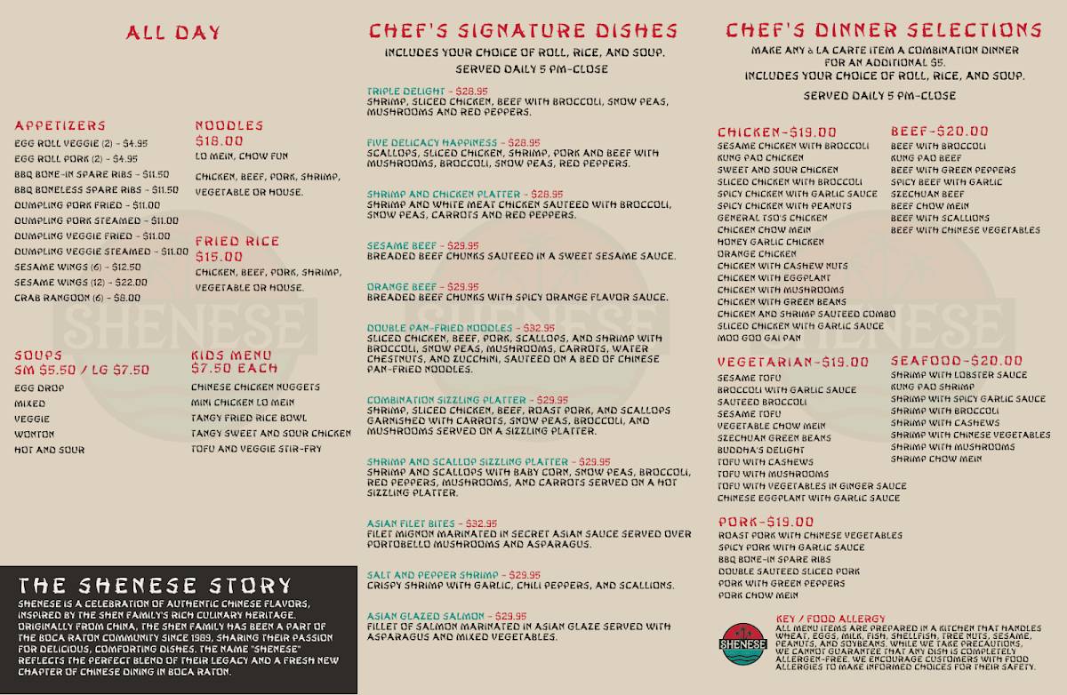 Menu at Shenese restaurant, Boca Raton