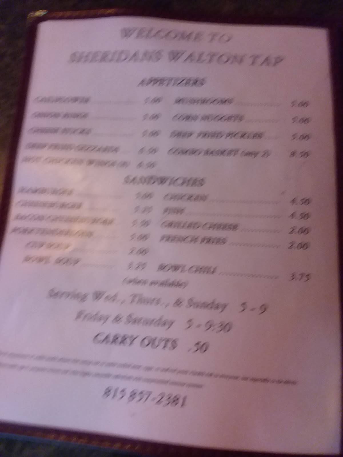 Menu at Sheridan's Walton Tap Inc restaurant, Amboy
