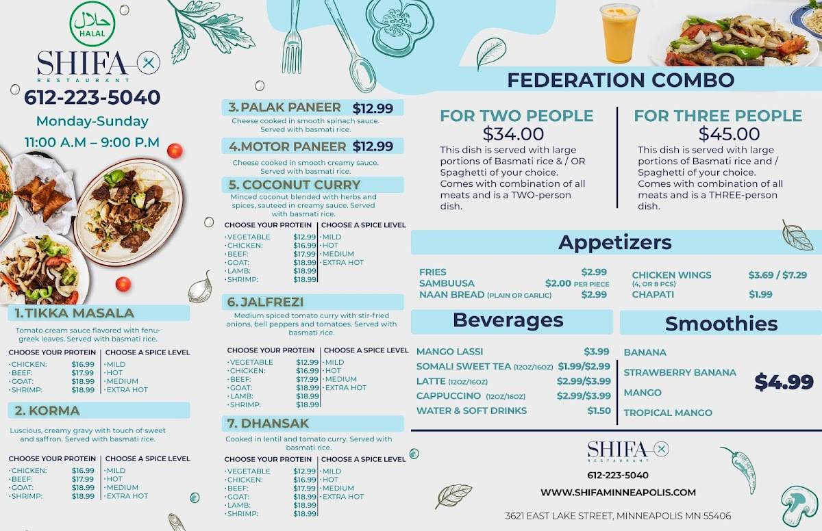 Carta de Shifa Restaurant, Minneapolis