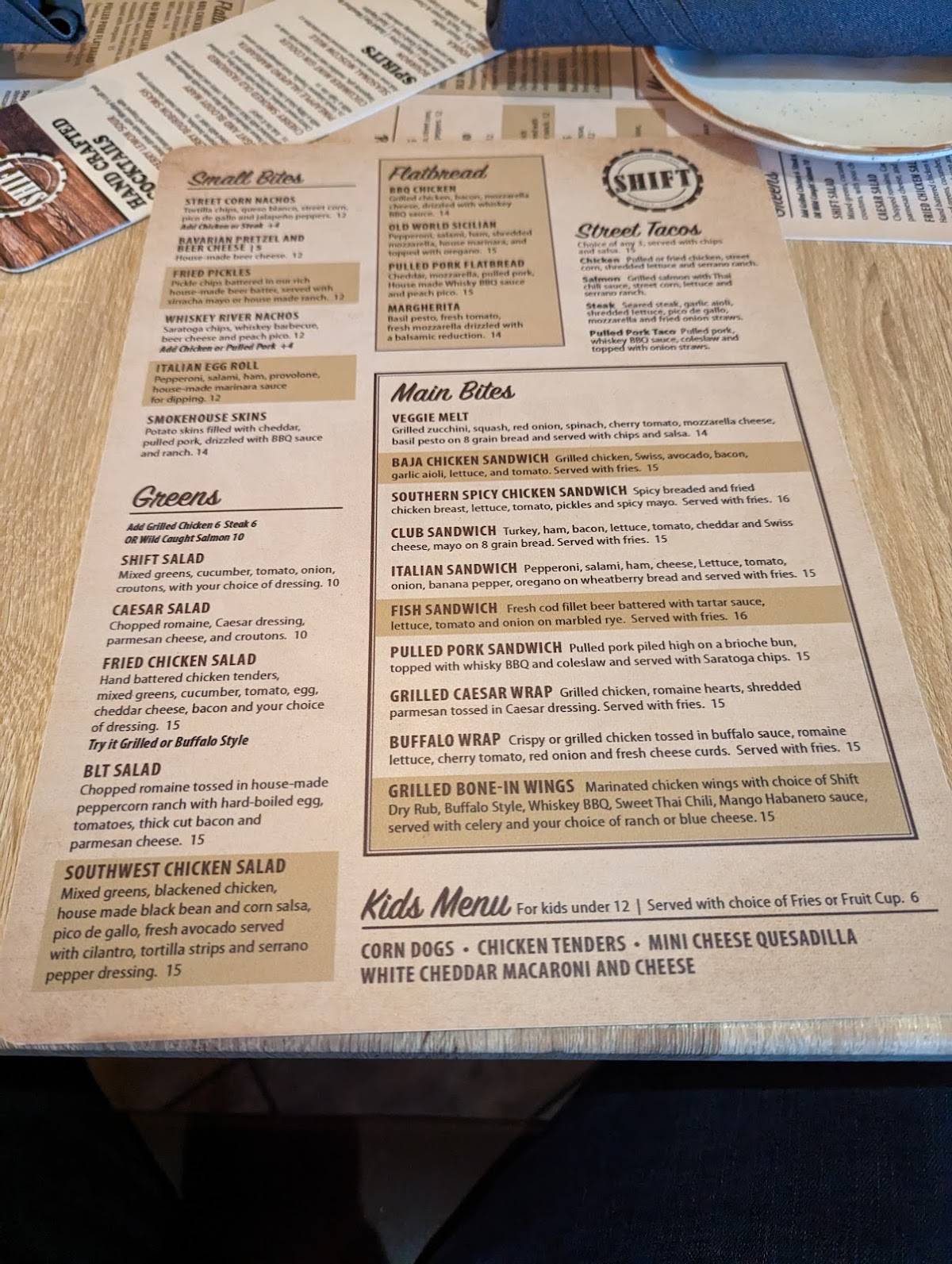 Menu at Shift Restaurant and Bar, Hidden Valley
