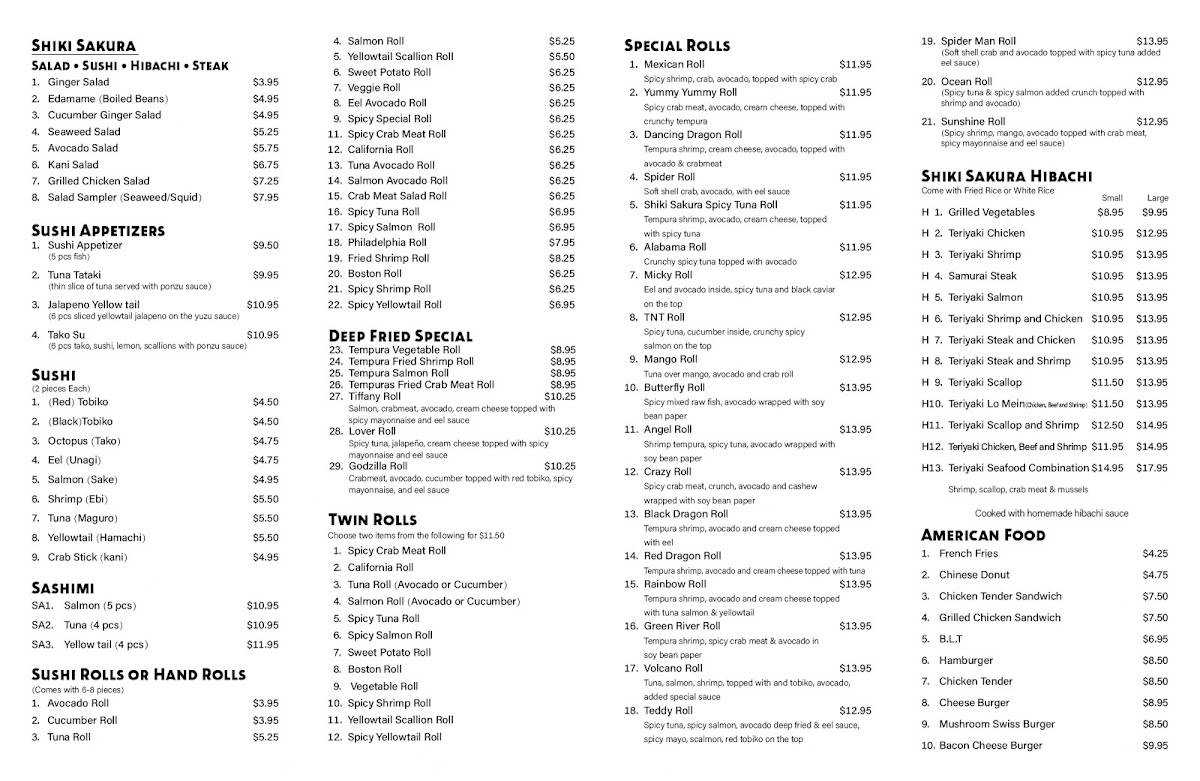 Menu at Shiki Sakura restaurant, Birmingham, 27 Olmsted St
