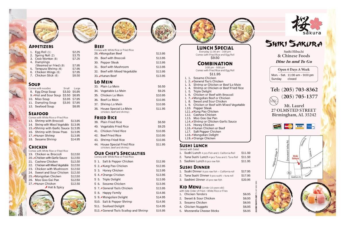 Menu at Shiki Sakura restaurant, Birmingham, 27 Olmsted St