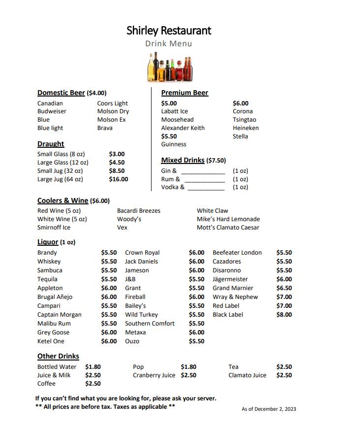 Menu at Shirley's Restaurant, Toronto