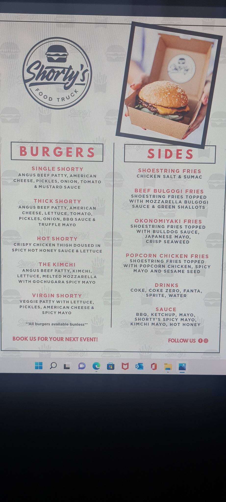 Menu at Shorty's Food Truck restaurant, Cronulla