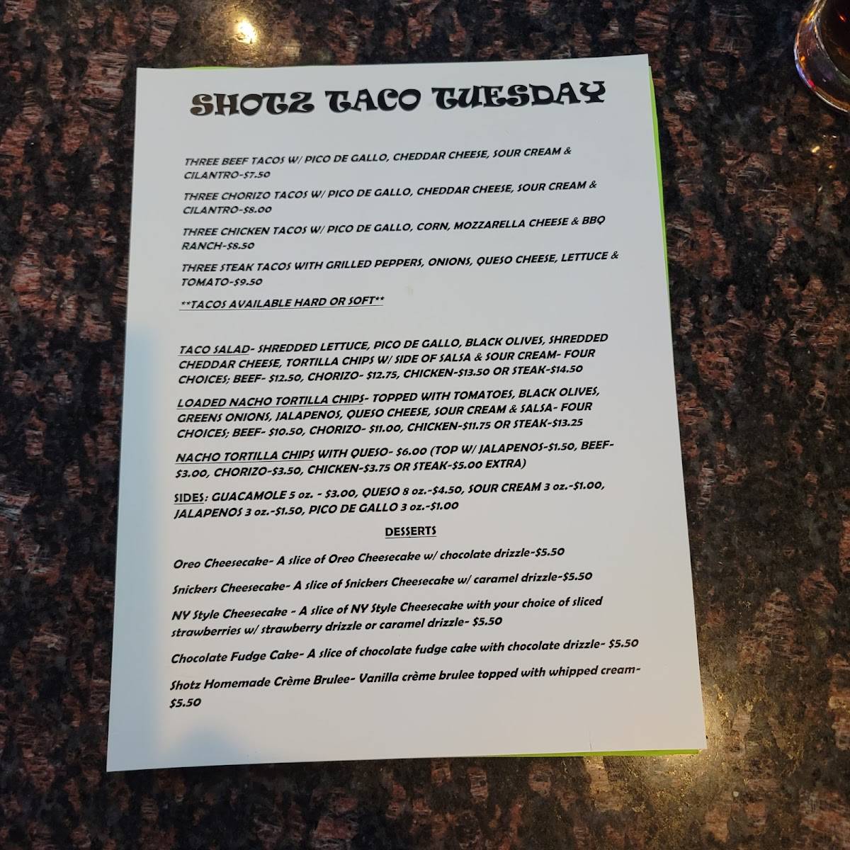 Menu at Shotz Bar & Grille, Austintown